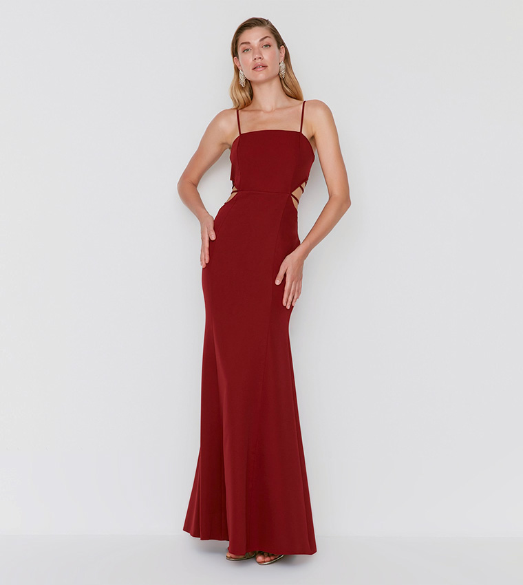 Buy Trendyol Cut Out Flared Evening & Graduation Maxi Dress In Burgundy ...
