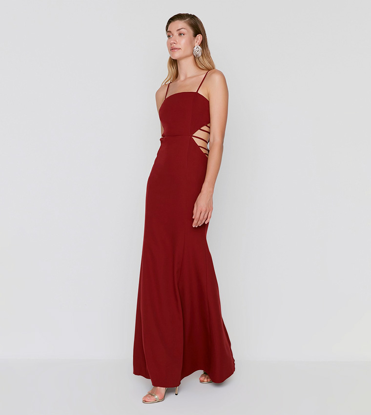 Buy Trendyol Cut Out Flared Evening & Graduation Maxi Dress In Burgundy ...