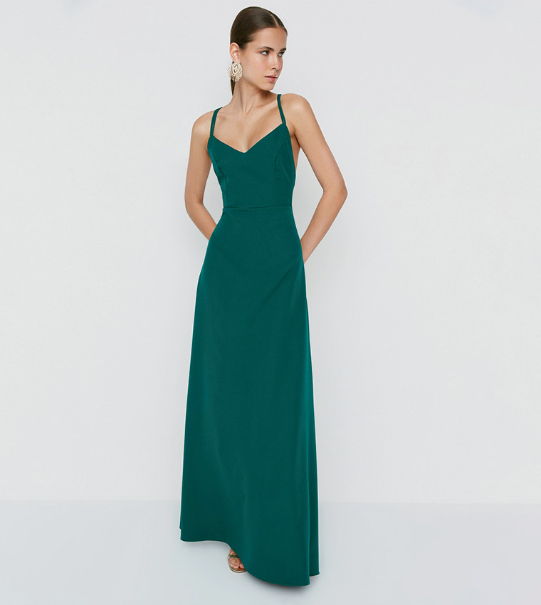 Buy Trendyol Fit And Flare Evening & Graduation Maxi Dress In Green ...