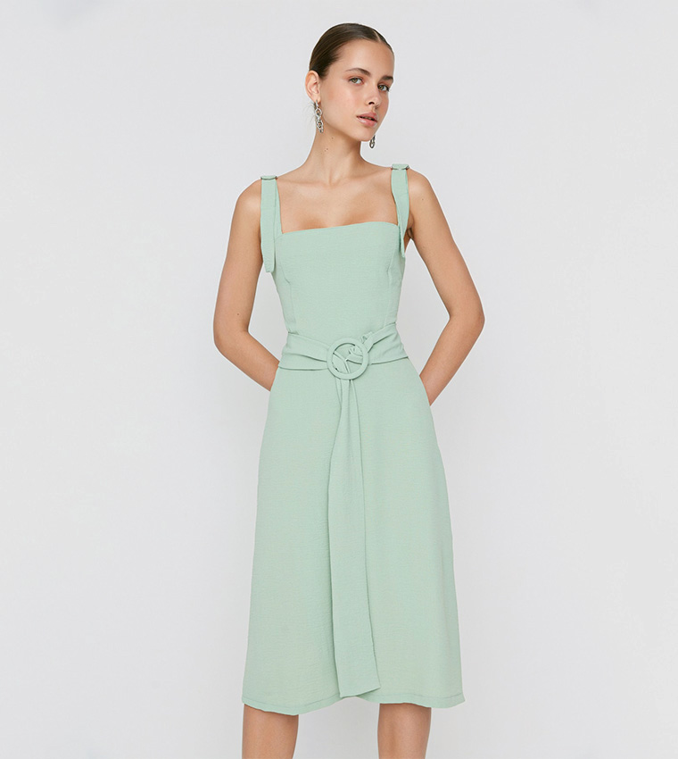 Buy Trendyol A Line Belted Midi Dress In Green | 6thStreet Bahrain