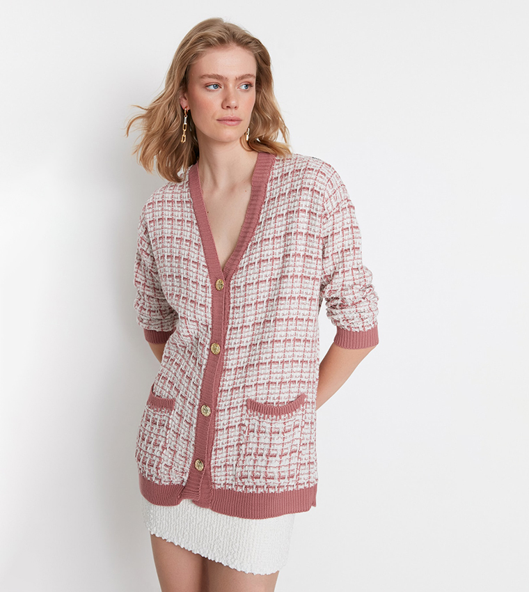 Buy Trendyol Oversize Pocket Tweed Look Knitted Cardigan In Rose ...