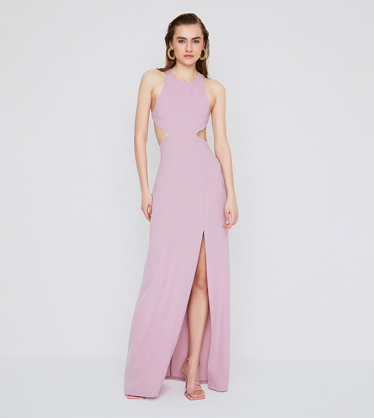Buy Trendyol Halter Neck Flare Slit Evening & Graduation Maxi Dress In ...