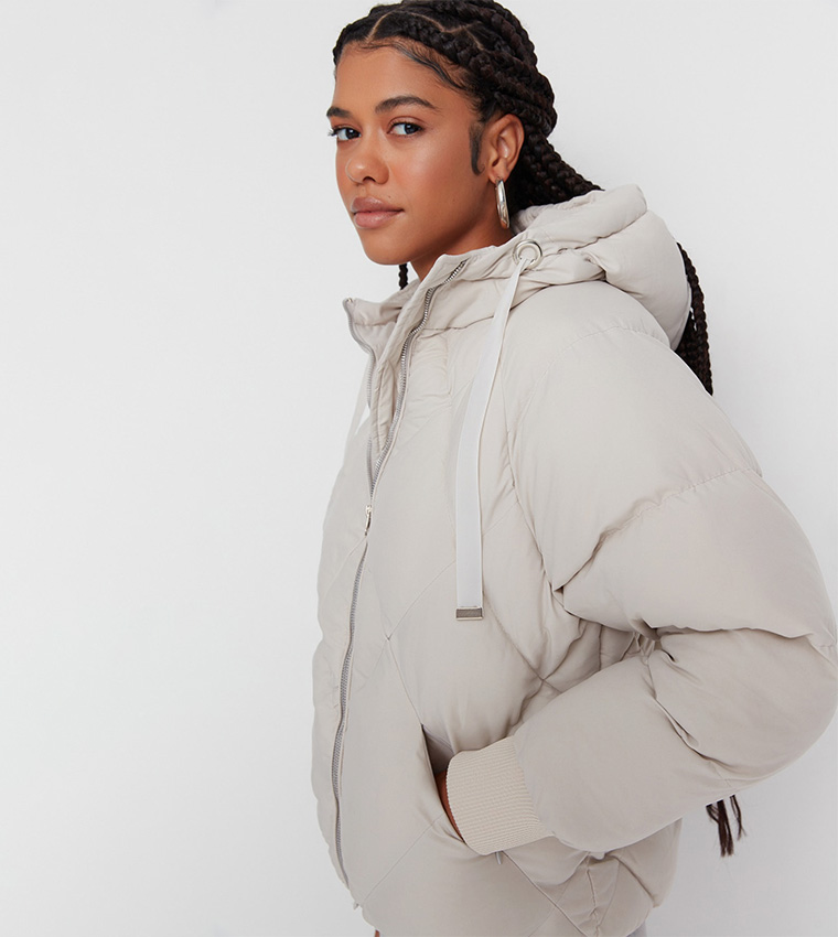 Buy Trendyol Oversized Hooded Inflatable Coat In Beige | 6thStreet Qatar