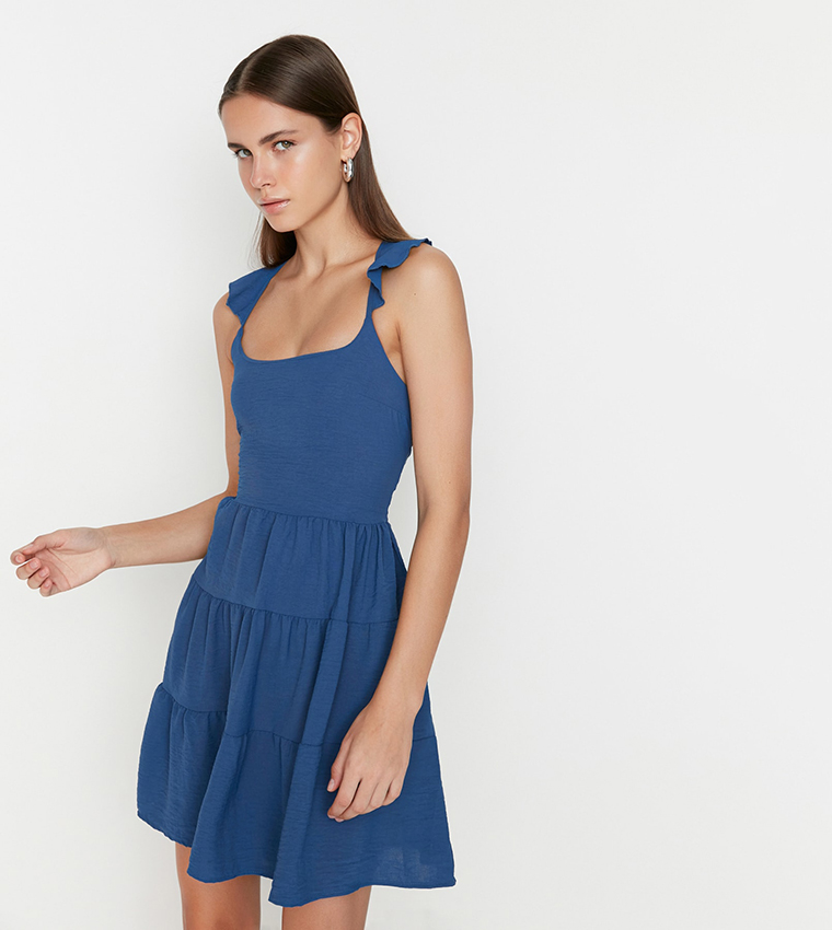 Buy Trendyol Solid Flared Mini Dress In Blue | 6thStreet Qatar