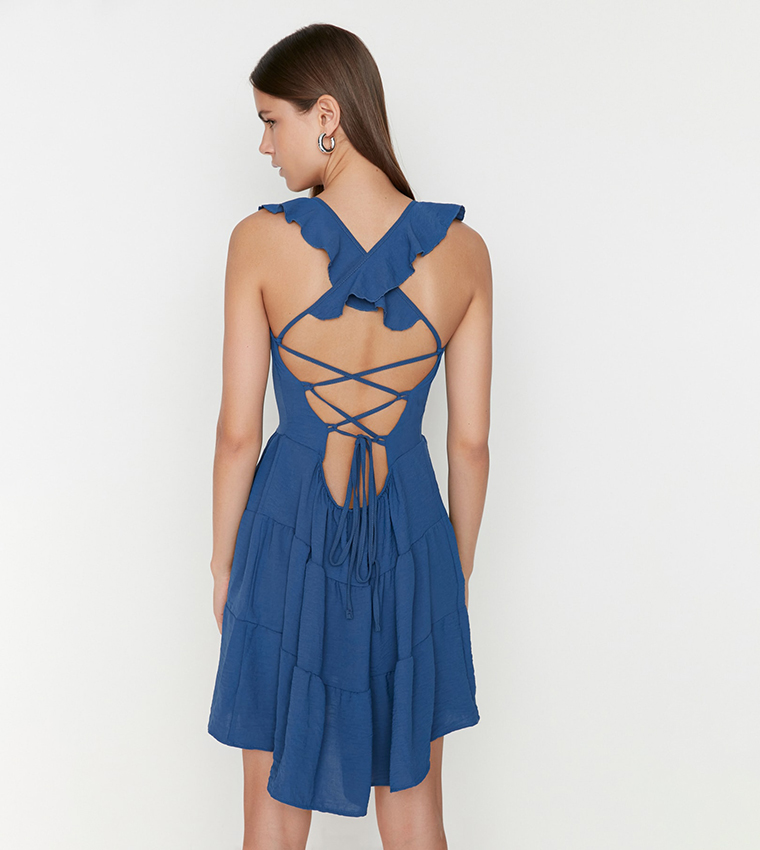 Buy Trendyol Solid Flared Mini Dress In Blue | 6thStreet Qatar