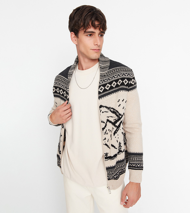 Buy Trendyol Slim Fit Landscape Patterned Cardigan In Beige | 6thStreet UAE