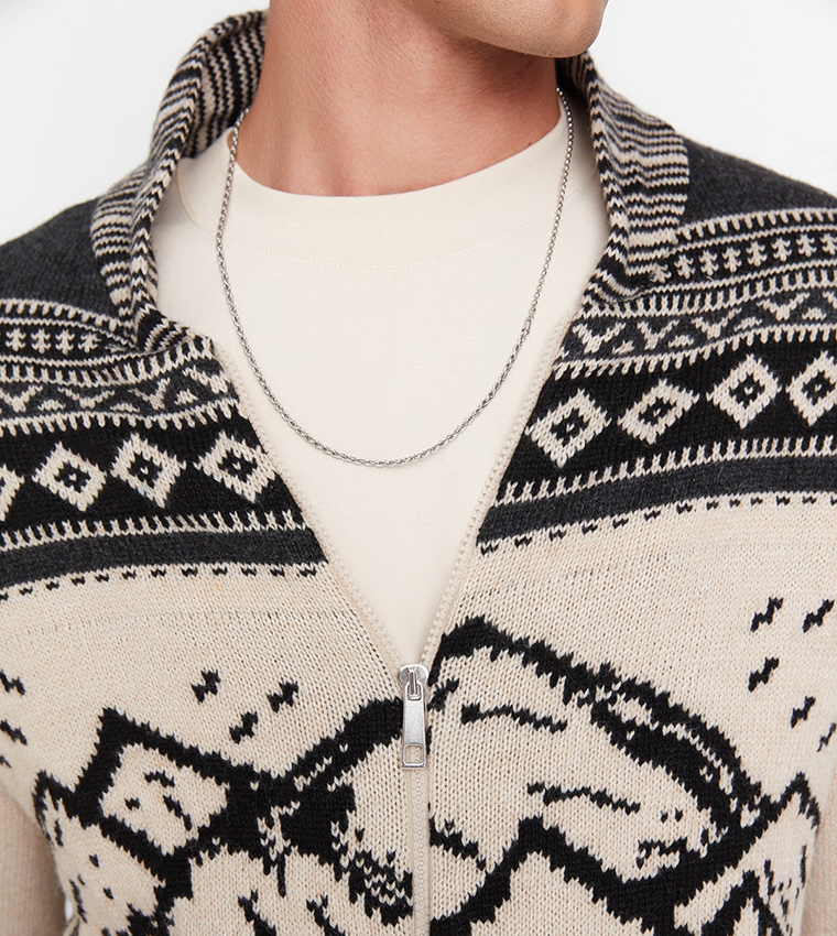 Buy Trendyol Slim Fit Landscape Patterned Cardigan In Beige | 6thStreet UAE
