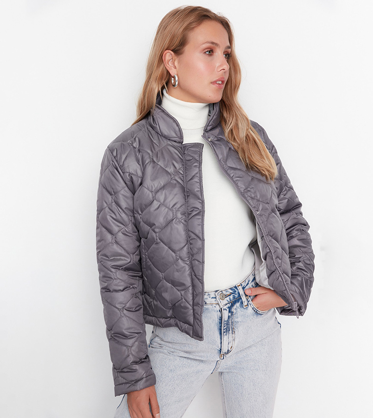 Buy Trendyol Upright Collar Inflatable Quilted Coat In Grey | 6thStreet ...