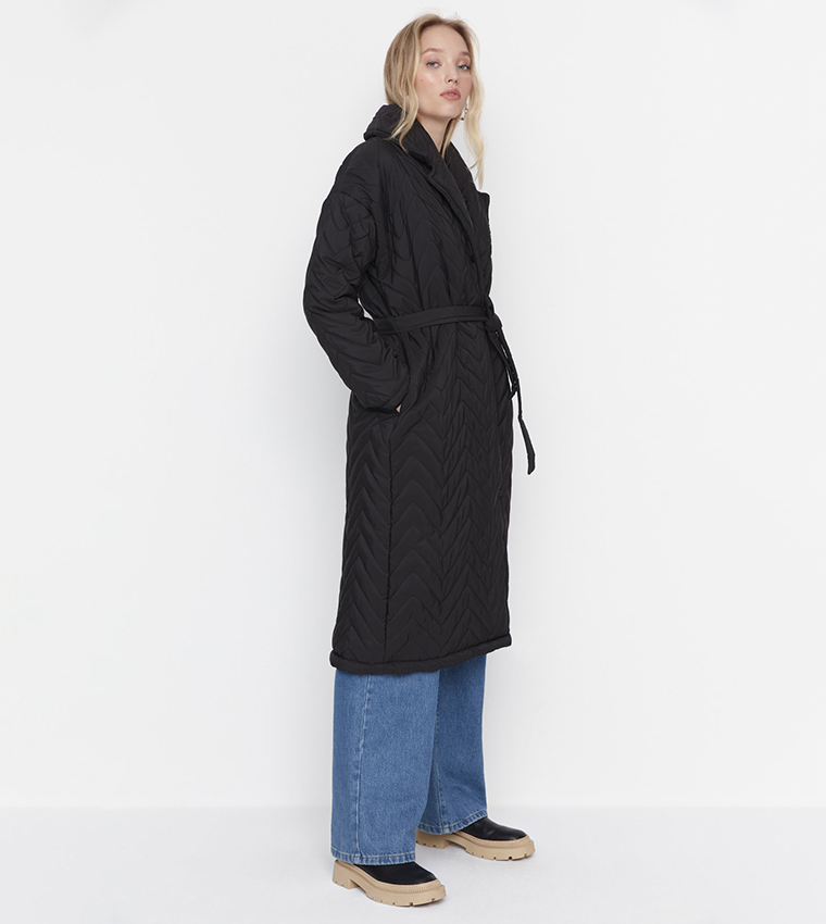 Buy Trendyol Quilted Oversize Belted Inflatable Coat In Black ...