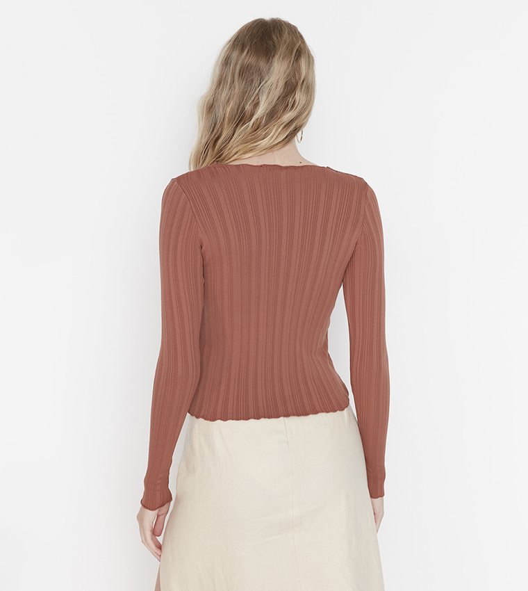 Buy Trendyol Cut Out Ribbed Crop Top In Brown | 6thStreet Qatar
