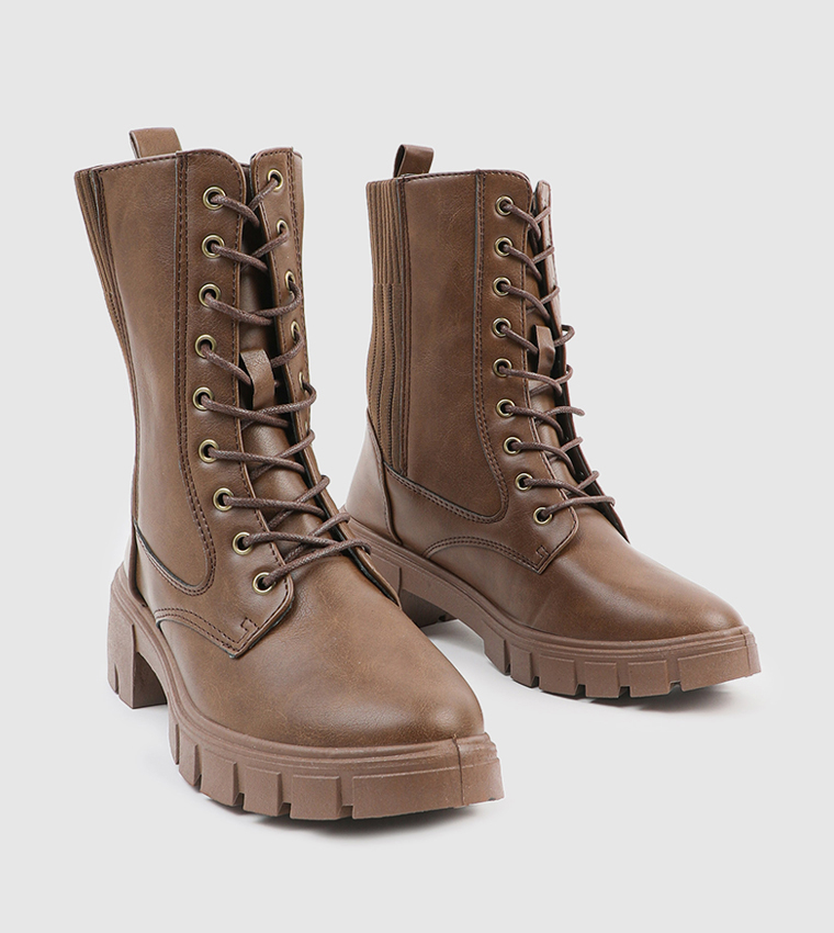 Buy Ardene Lace Up Chunky Calf Boots In Brown | 6thStreet UAE