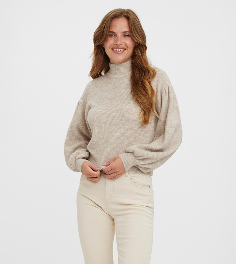 Buy Vero Moda Solid High Neck Pullover In Beige | 6thStreet Qatar