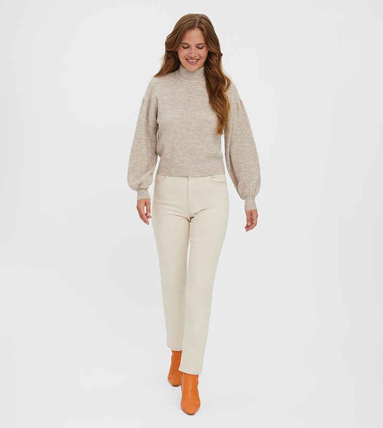 Buy Vero Moda Solid High Neck Pullover In Beige | 6thStreet Qatar