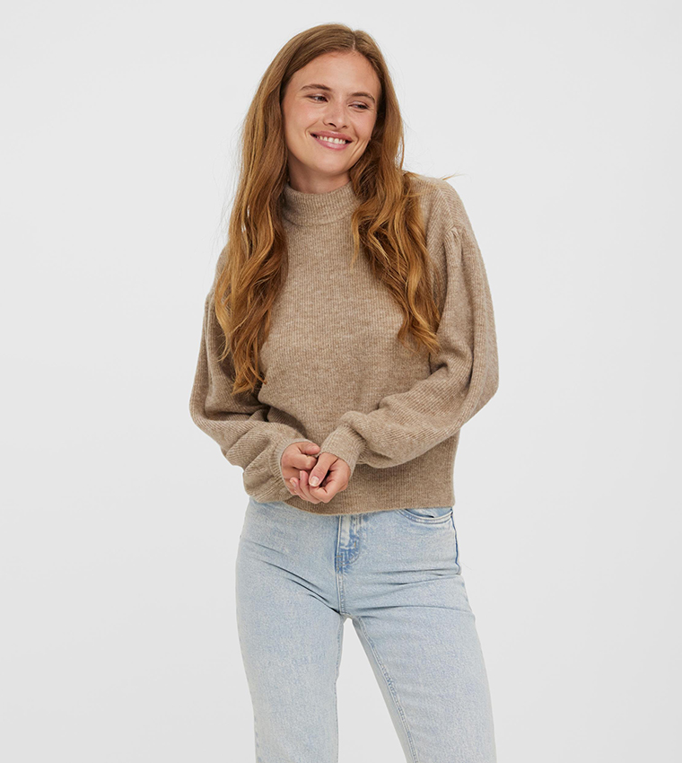 Buy Vero Moda Solid High Neck Pullover In Grey | 6thStreet Qatar