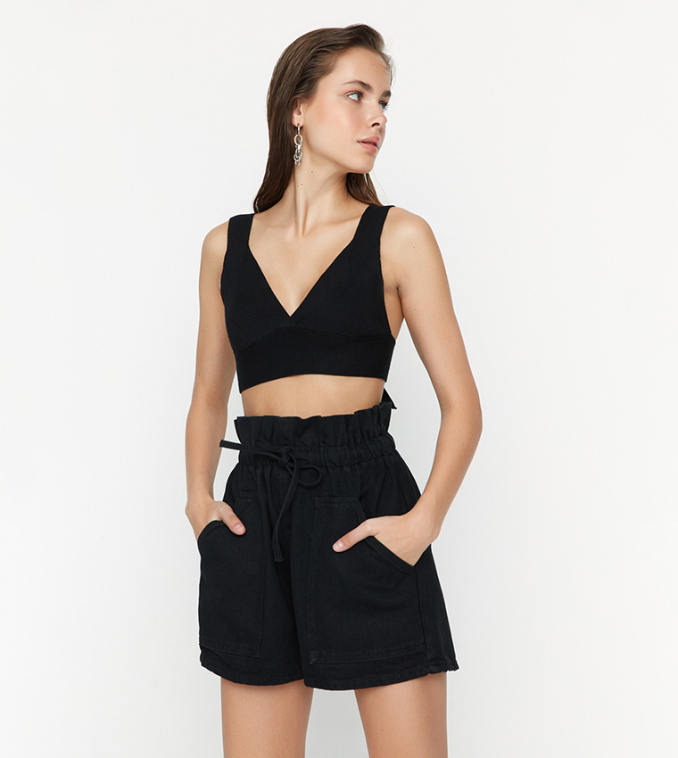 Buy Trendyol Elastic Waist Denim Shorts In Black 6thstreet Qatar