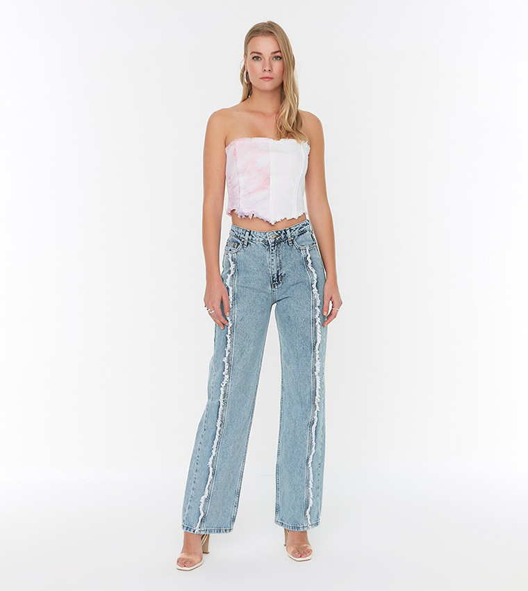 Buy Trendyol Mid Rise Ripped Straight Fit Jeans In Blue | 6thStreet Bahrain