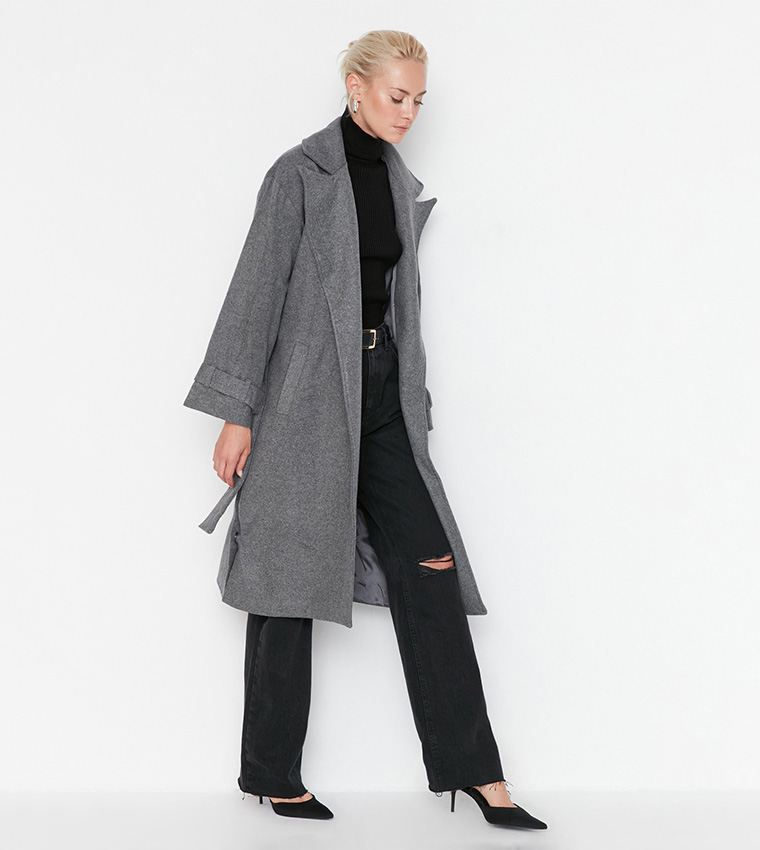 Buy Trendyol Oversized Belted Slit Detailed Stamp Coat In Grey ...