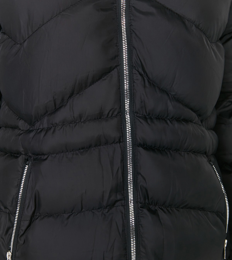 Buy Trendyol Fur Hooded Long Sleeves Inflatable Puffer Jacket In Black ...