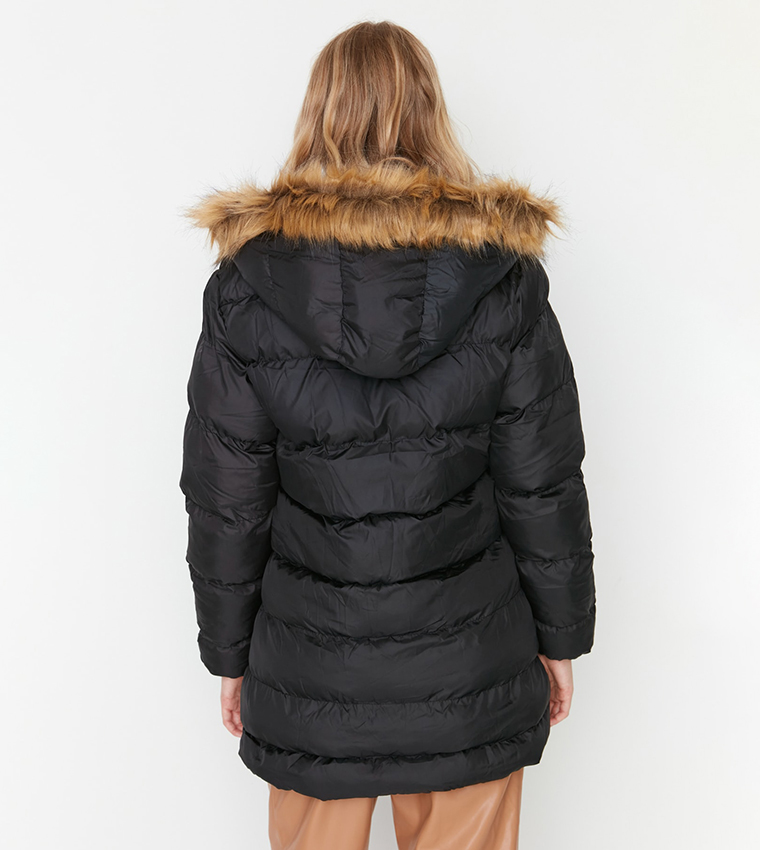 Buy Trendyol Fur Hooded Long Sleeves Inflatable Puffer Jacket In Black ...
