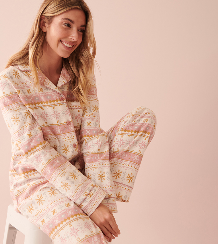 Buy La Vie En Rose Fair Isle Flannel Pyjama Set In White | 6thStreet UAE