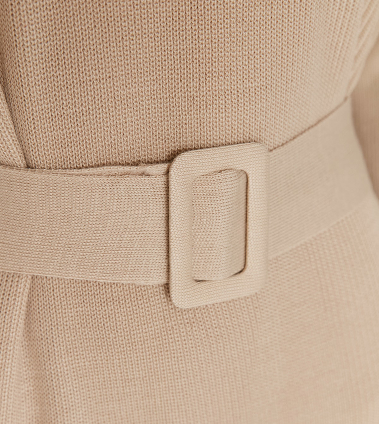 Buy Trendyol High Neck Belted Mini Dress In Beige | 6thStreet Saudi Arabia