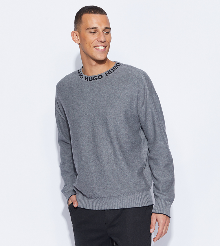 Buy HUGO Solid Sweater With Repeat Logo Collar In Grey | 6thStreet ...