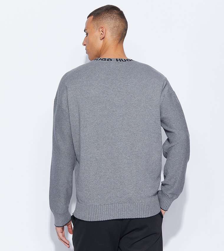 Buy HUGO Solid Sweater With Repeat Logo Collar In Grey | 6thStreet ...