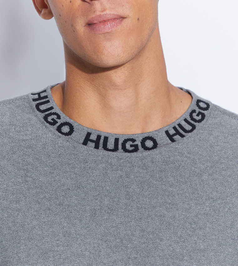 Buy HUGO Solid Sweater With Repeat Logo Collar In Grey | 6thStreet ...