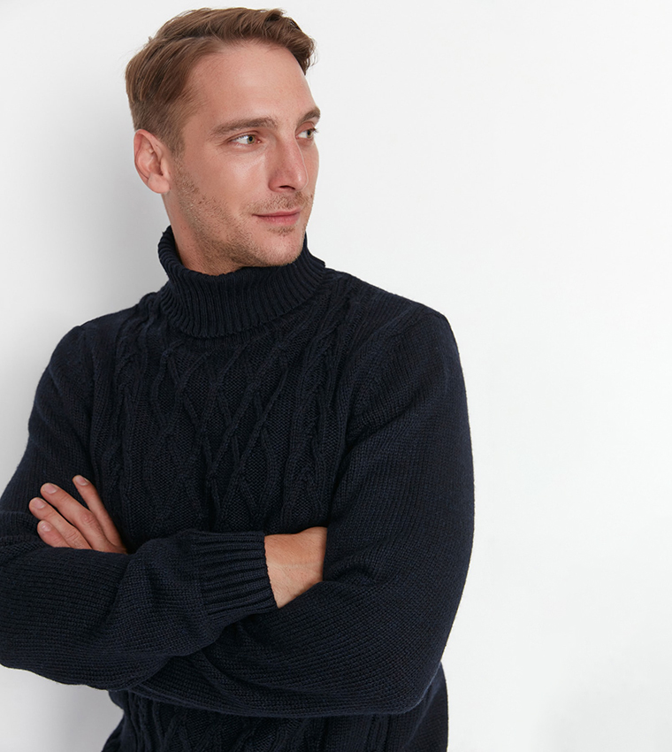 Buy Trendyol Cable Knit Turtle Neck Sweater In Navy | 6thStreet Qatar