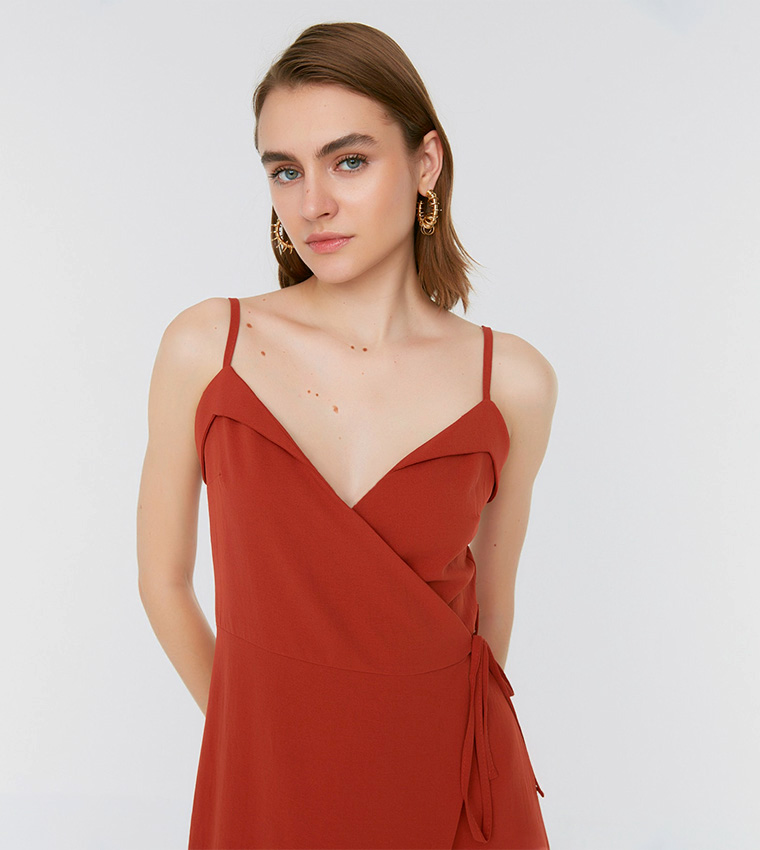 Buy Trendyol Cross Over Midi Wrap Dress In Orange | 6thStreet UAE