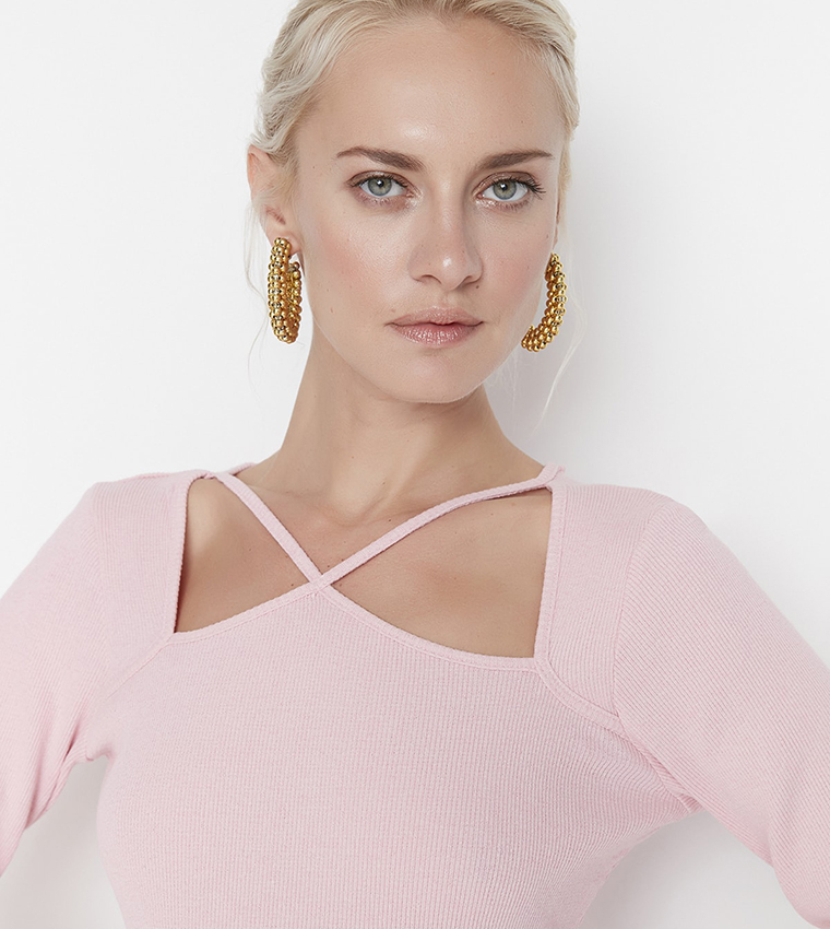 Buy Trendyol Ribbed Cage Neck Midi Dress In Pink | 6thStreet Qatar