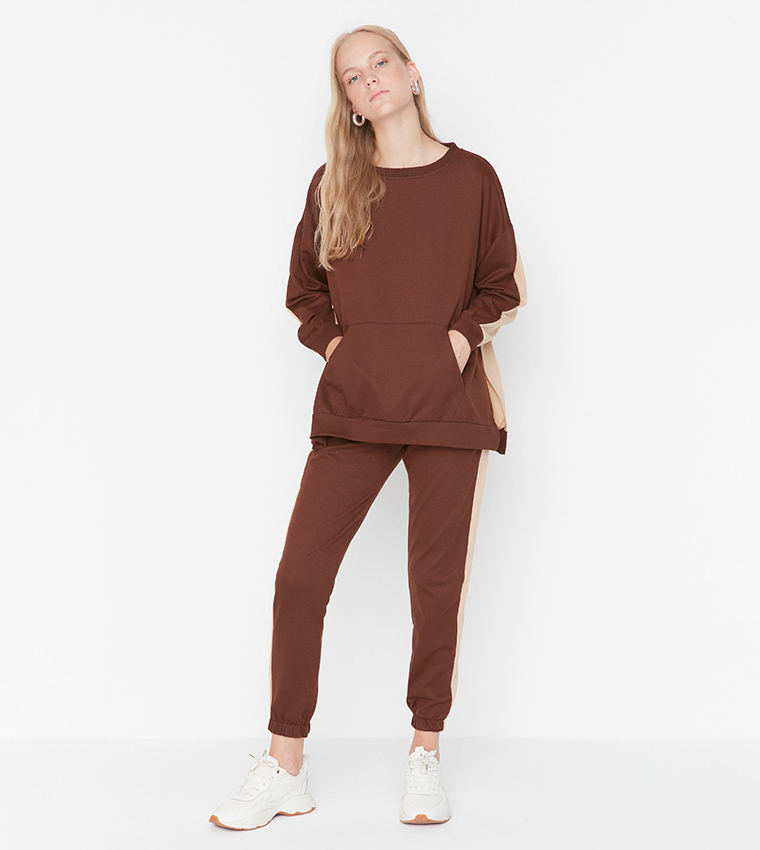 Buy Trendyol Color Block Knitted Tracksuit Suit In Brown | 6thStreet UAE
