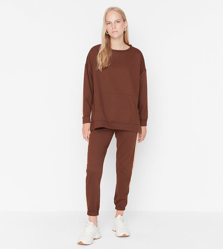 Buy Trendyol Color Block Knitted Tracksuit Suit In Brown | 6thStreet UAE