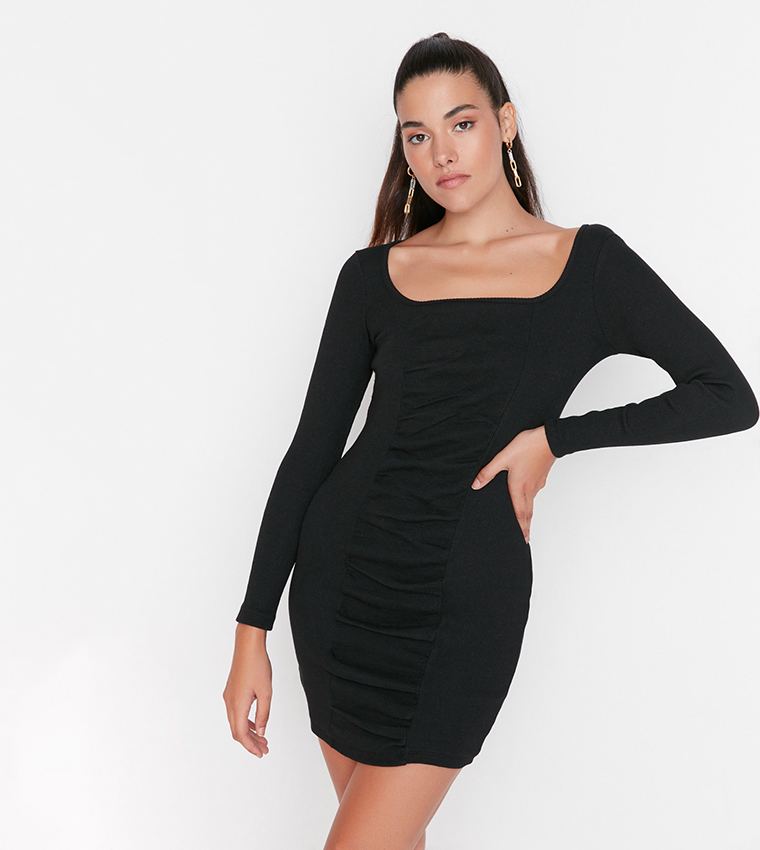 Buy Trendyol Solid Ruched Mini Bodycon Dress In Black | 6thStreet Qatar