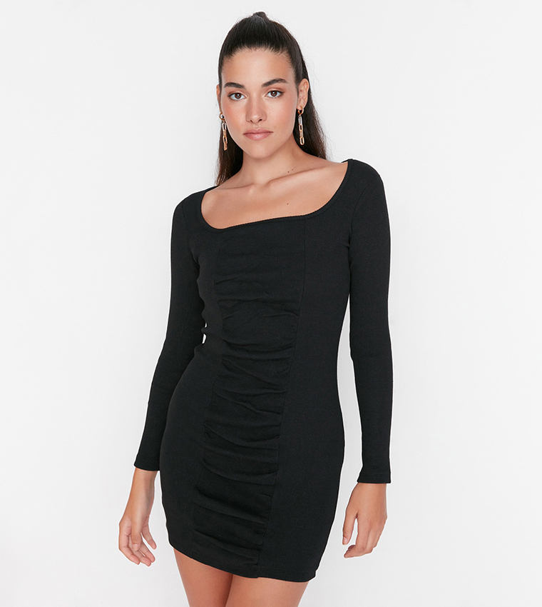 Buy Trendyol Solid Ruched Mini Bodycon Dress In Black | 6thStreet Qatar