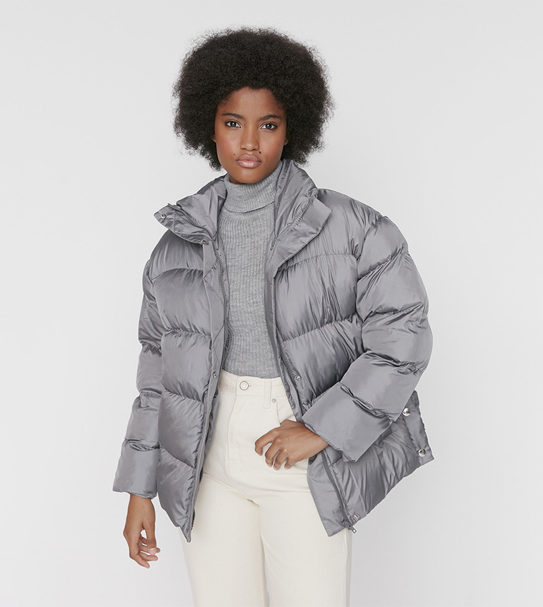 Buy Trendyol Oversized Hooded Snap Off Inflatable Coat In ANTHRACITE ...