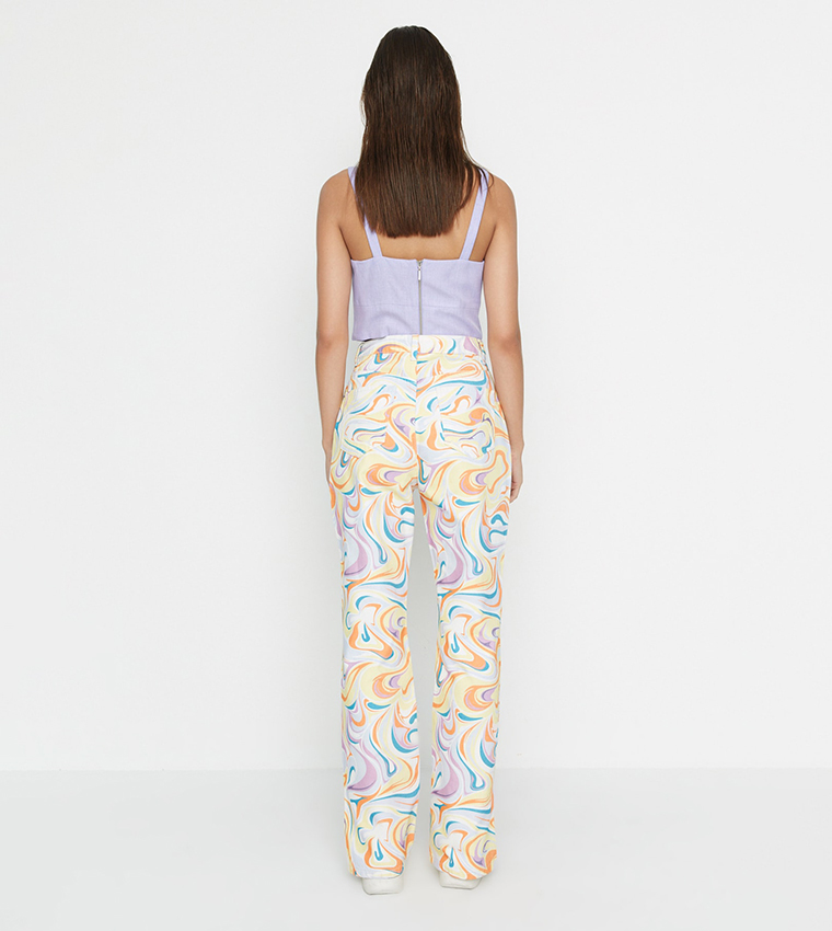 Buy Trendyol Wavy Pattern High Waist Wide Leg Jeans In White ...