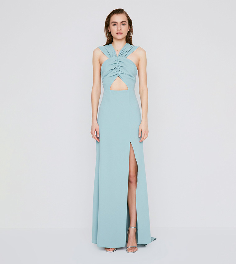 Buy Trendyol Ruched Halter Neck Flared Evening & Graduation Maxi Dress ...