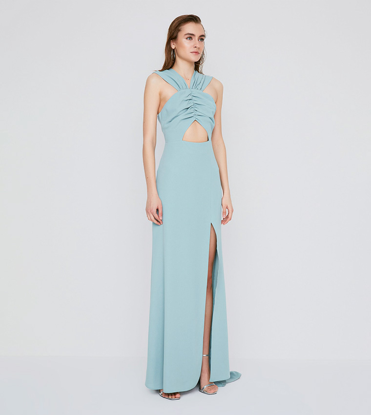 Buy Trendyol Ruched Halter Neck Flared Evening & Graduation Maxi Dress ...