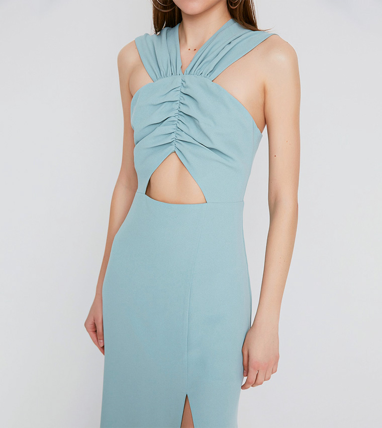 Buy Trendyol Ruched Halter Neck Flared Evening & Graduation Maxi Dress ...