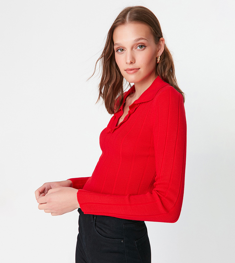 Buy Trendyol Cable Knit Polo Collar Sweater In Red | 6thStreet Qatar