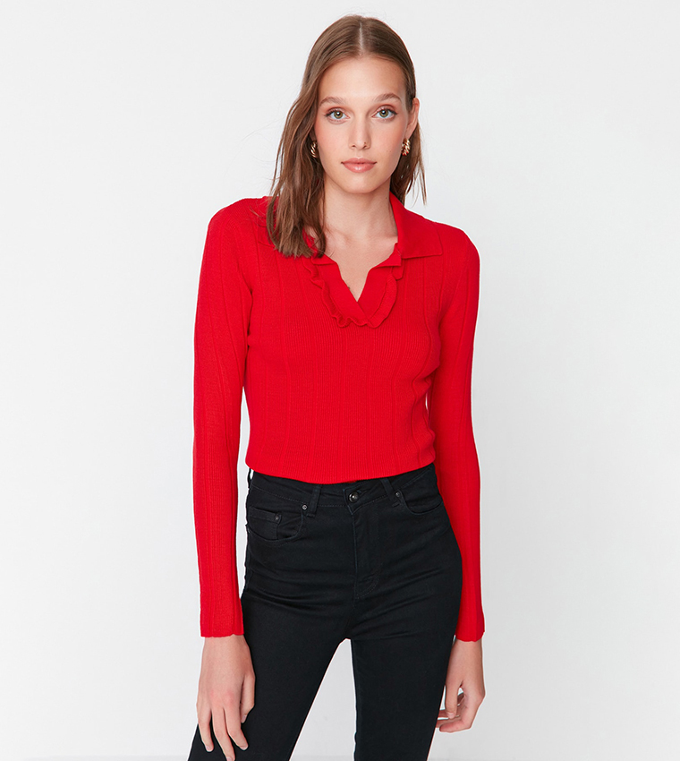 Buy Trendyol Cable Knit Polo Collar Sweater In Red | 6thStreet Qatar