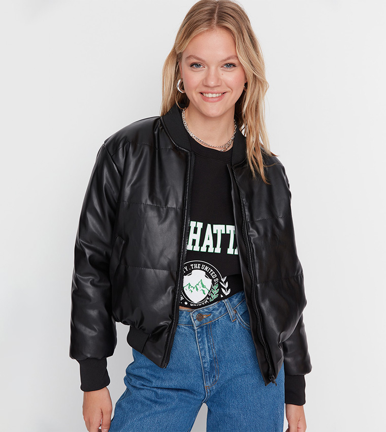Buy Trendyol Quilted Oversized Faux Leather Bomber Jacket In Black ...