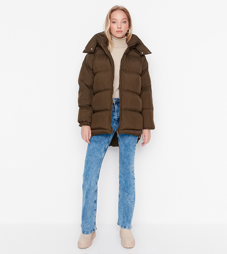Buy Trendyol Quilted Oversize Hooded Inflatable Puffer Coat In Khaki ...