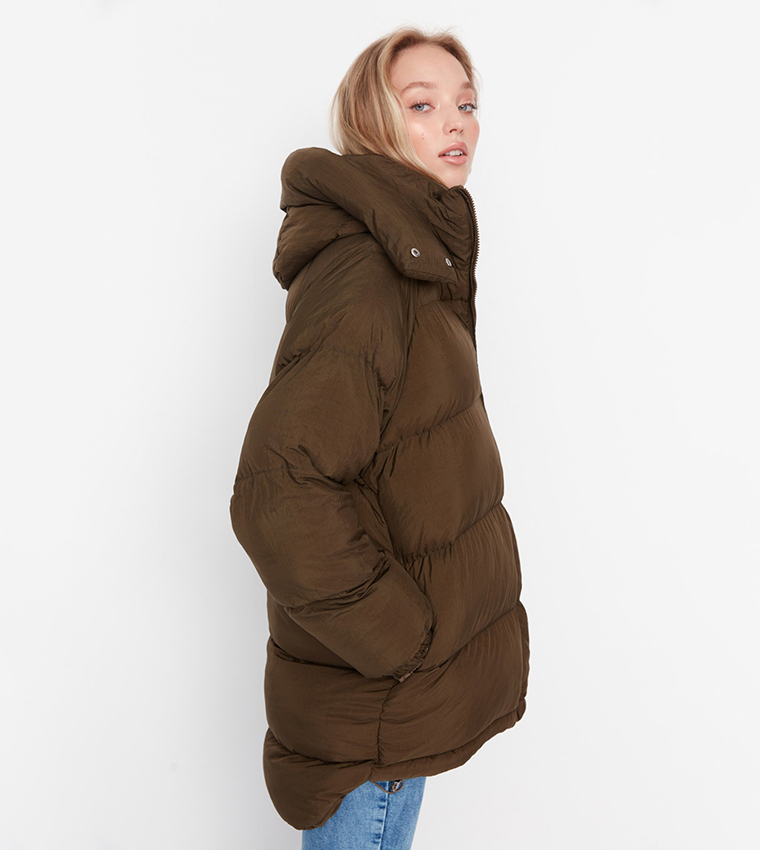 Buy Trendyol Quilted Oversize Hooded Inflatable Puffer Coat In Khaki ...