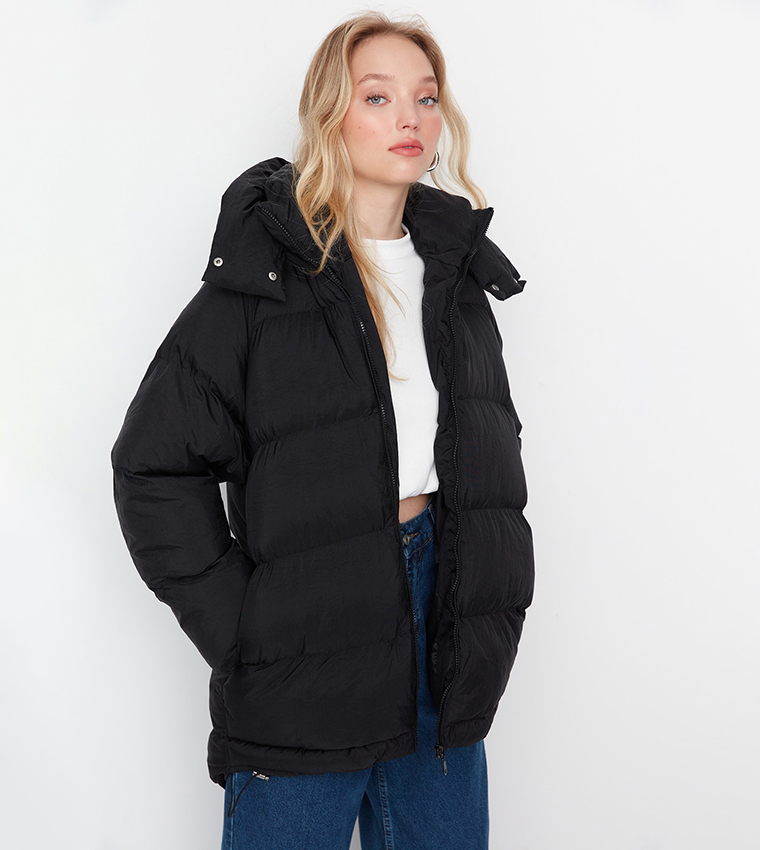 Buy Trendyol Quilted Oversize Hooded Inflatable Puffer Coat In Black ...