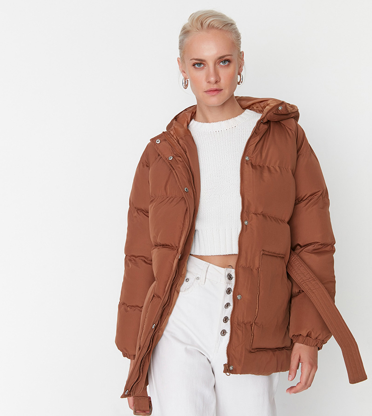 Buy Trendyol Oversize Arched Hooded Inflatable Jacket In Brown ...
