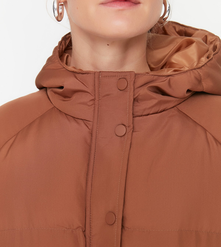 Buy Trendyol Oversize Arched Hooded Inflatable Jacket In Brown ...