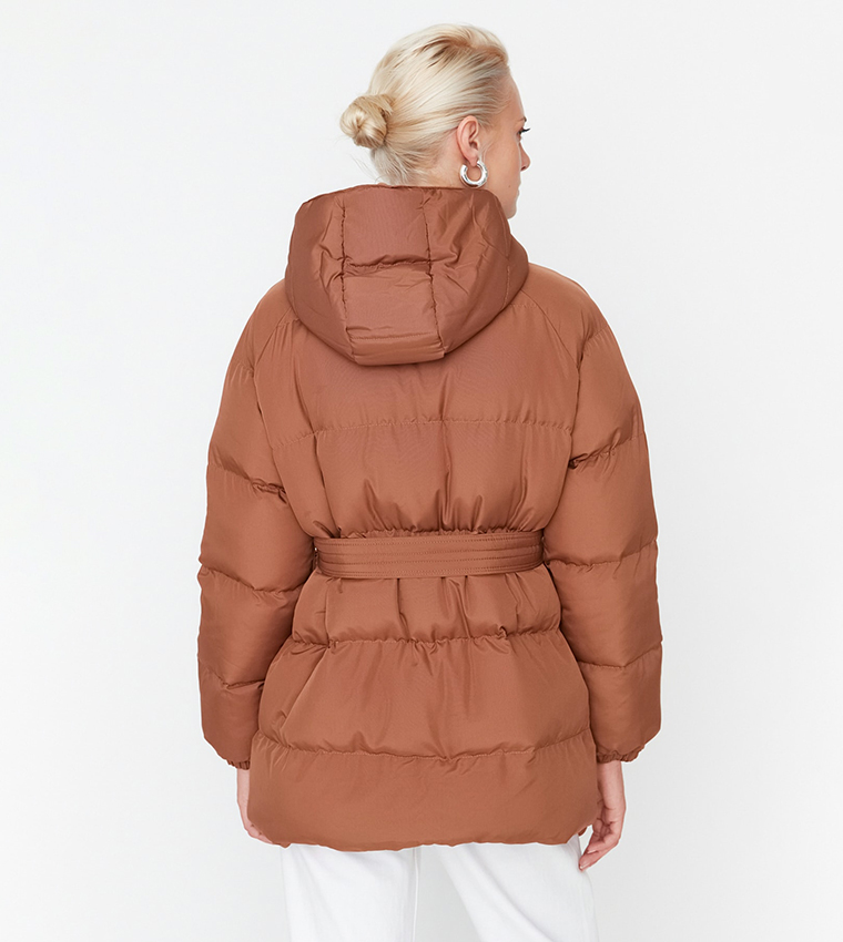 Buy Trendyol Oversize Arched Hooded Inflatable Jacket In Brown ...