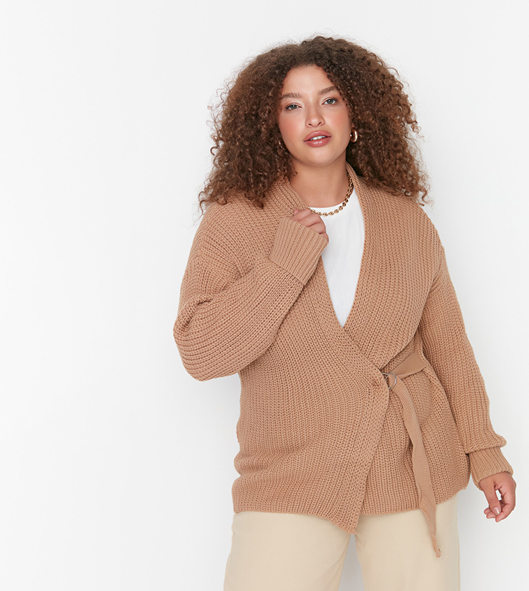 Buy Trendyol Solid Knitted Cardigan With Belt In Camel | 6thStreet Oman